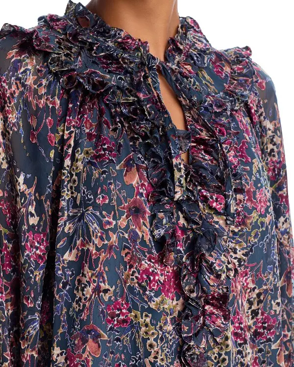 Aqua Long Sleeved Floral Satin Burnout Ruffled Blouse