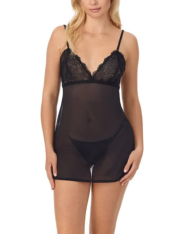 ON GOSSAMER Luxe Lace Chemise And Thong - Black