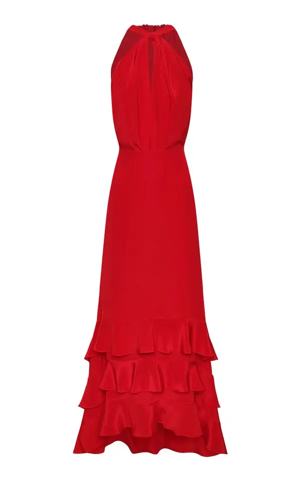 ANDRES OTALORA Halterneck Silk Crepe De Chine Maxi Dress With Ruffled Hem - Red