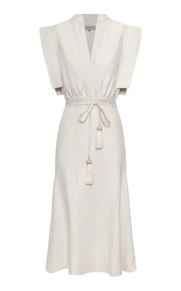 ANDRES OTALORA Belted Cotton-jacquard Midi Dress - Ivory