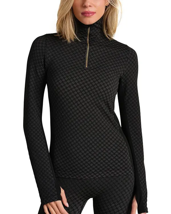 RHONE Apres Houndstooth Seamless Quarter Zip Top - Pure Black