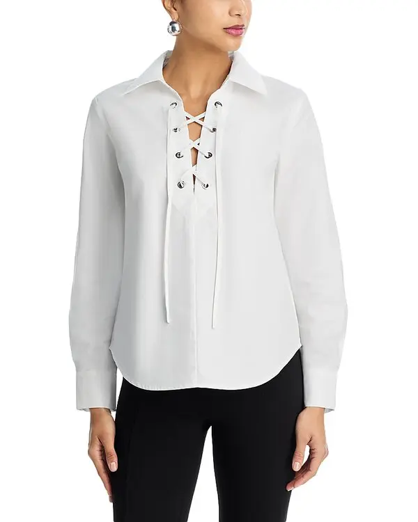 Aqua Poplin Lace-up Long-sleeved Top