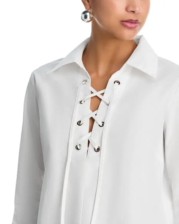 Aqua Poplin Lace-up Long-sleeved Top