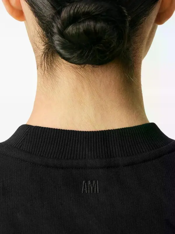 Ami Cotton Fleece Cropped Sweatshirt With De Coeur Embroidery - Black