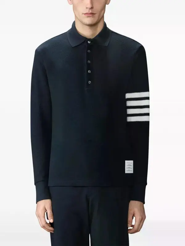 Thom Browne Textured-pique 4-bar Long-sleeved Polo Shirt - Blue