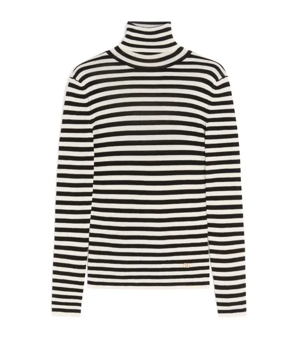 Valentino Garavani Virgin Wool Striped Funnel Neck Sweater - White
