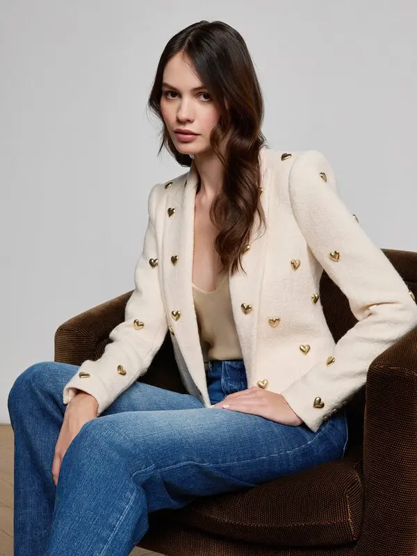 L'Agence Jen Embellished Bouclé Blazer - Ecru