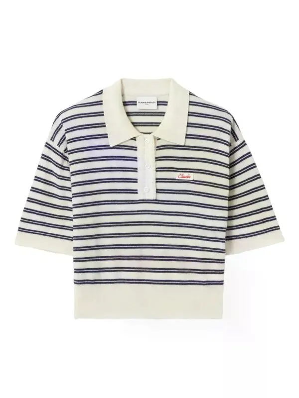 Claudie Pierlot Striped Embroidered Logo Polo Top - Neutrals