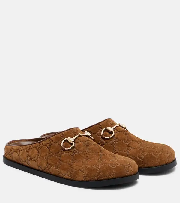 Gucci Gg Horsebit Suede Mules - Brown