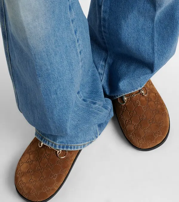 Gucci Gg Horsebit Suede Mules - Brown