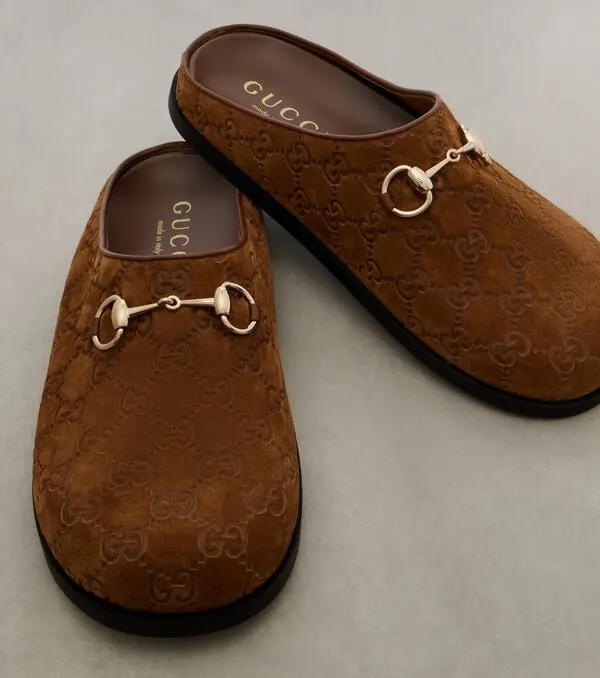 Gucci Gg Horsebit Suede Mules - Brown