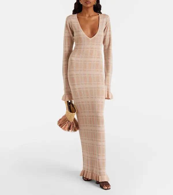 BANANHOT Ether Checked Ribbed-knit Ruffled Maxi Dress
