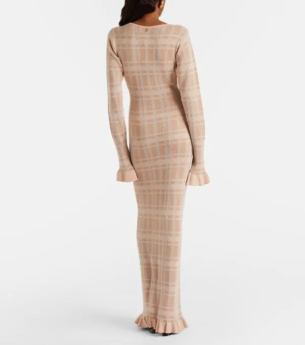 BANANHOT Ether Checked Ribbed-knit Ruffled Maxi Dress