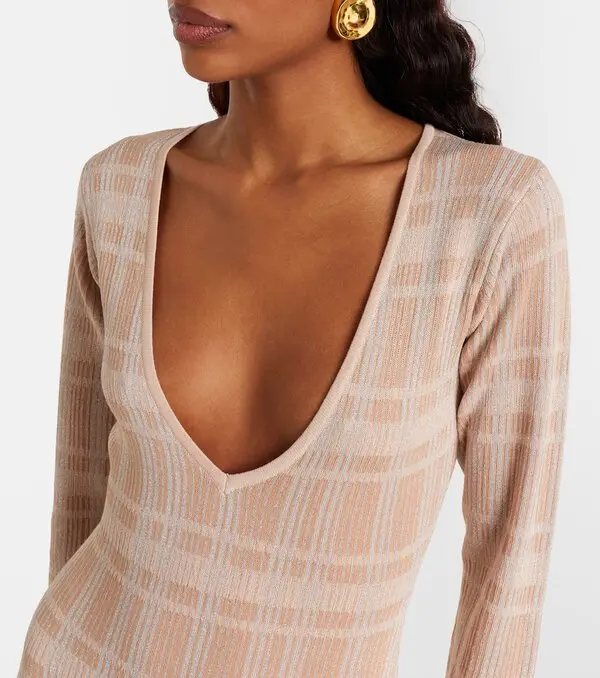 BANANHOT Ether Checked Ribbed-knit Ruffled Maxi Dress