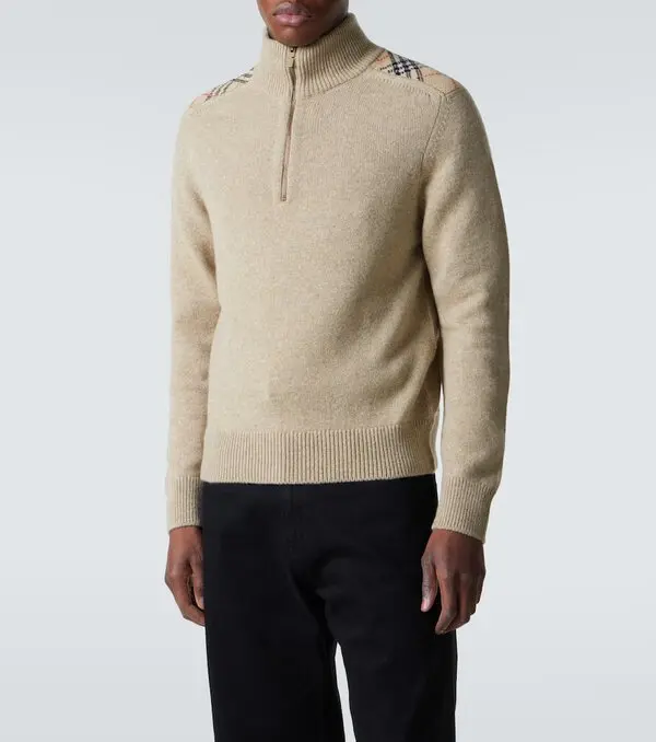 Burberry Check Wool And Cashmere Half-zip Sweater