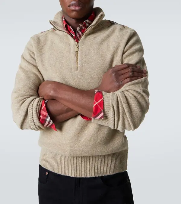 Burberry Check Wool And Cashmere Half-zip Sweater