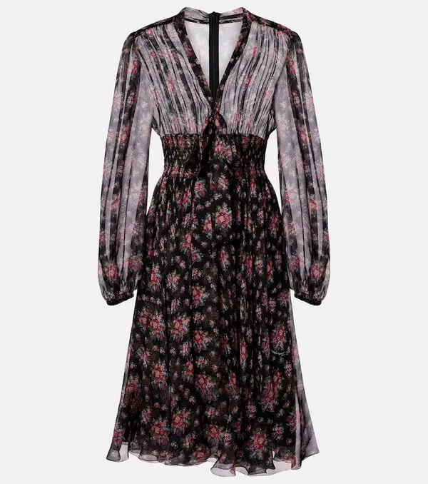 Dolce & Gabbana Floral Shirred Silk Midi Dress - Black