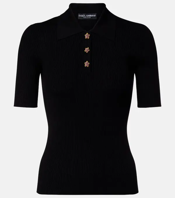 Dolce & Gabbana Embellished Ribbed-knit Polo Shirt - Black