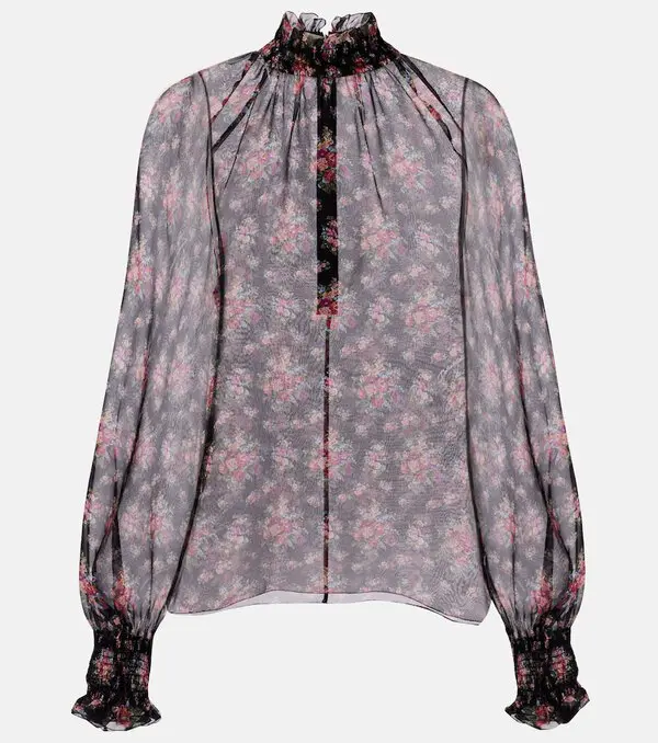 Dolce & Gabbana Floral Ruffled Sheer Silk Blouse - Black