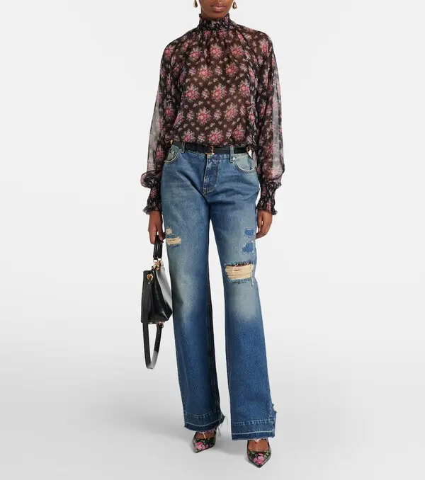 Dolce & Gabbana Floral Ruffled Sheer Silk Blouse