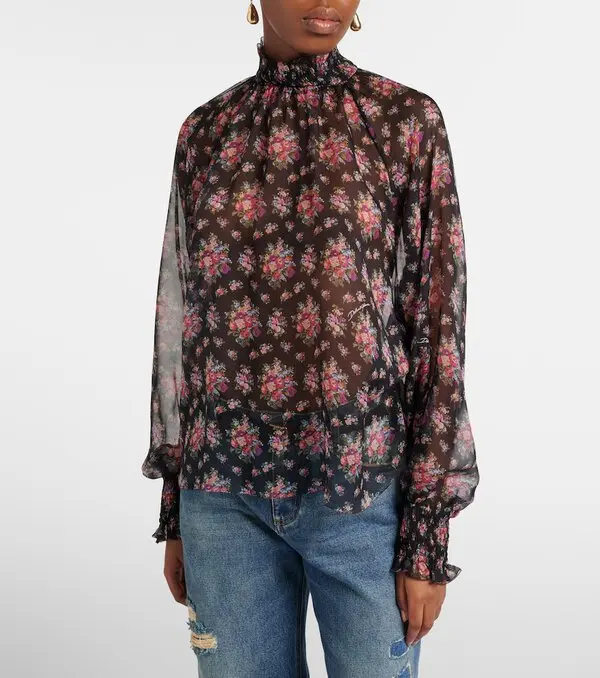 Dolce & Gabbana Floral Ruffled Sheer Silk Blouse