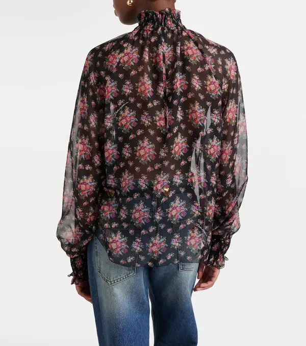 Dolce & Gabbana Floral Ruffled Sheer Silk Blouse