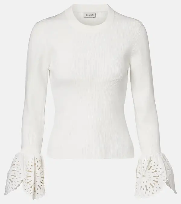 Simkhai Ferrera Broderie Anglaise Ribbed-knit Top