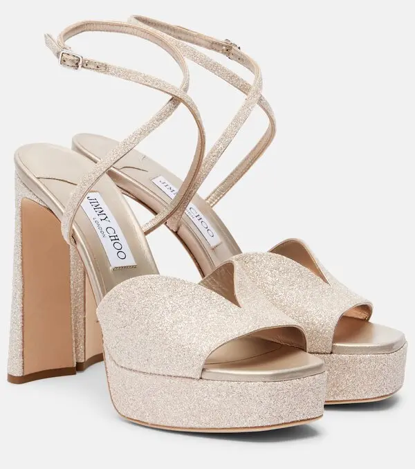 JIMMY CHOO Karli 125 Glitter Platform Sandals - Gold