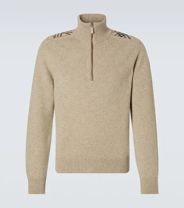 Burberry Check Wool And Cashmere Half-zip Sweater