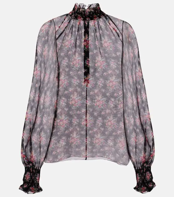 Dolce & Gabbana Floral Ruffled Sheer Silk Blouse