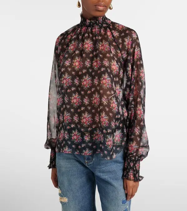Dolce & Gabbana Floral Ruffled Sheer Silk Blouse