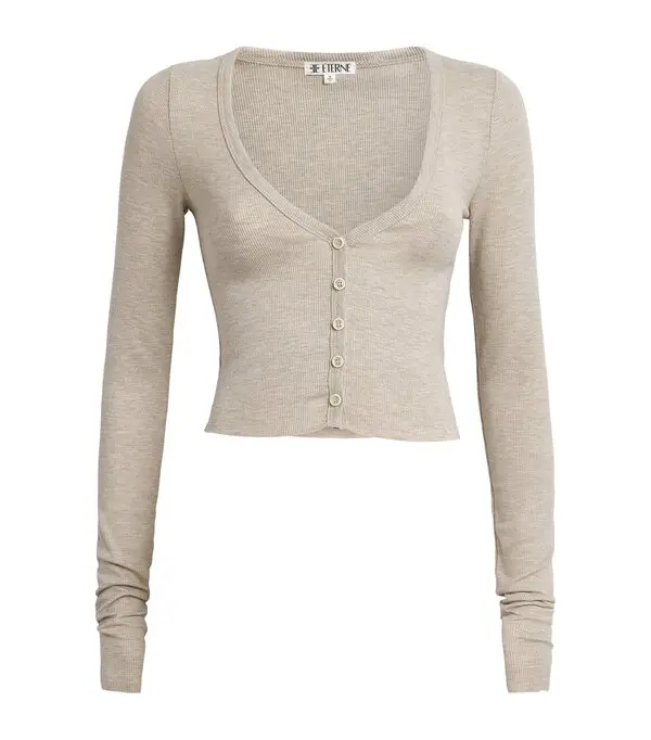 Eterne Ribbed Cropped V-neck Cardigan - Beige