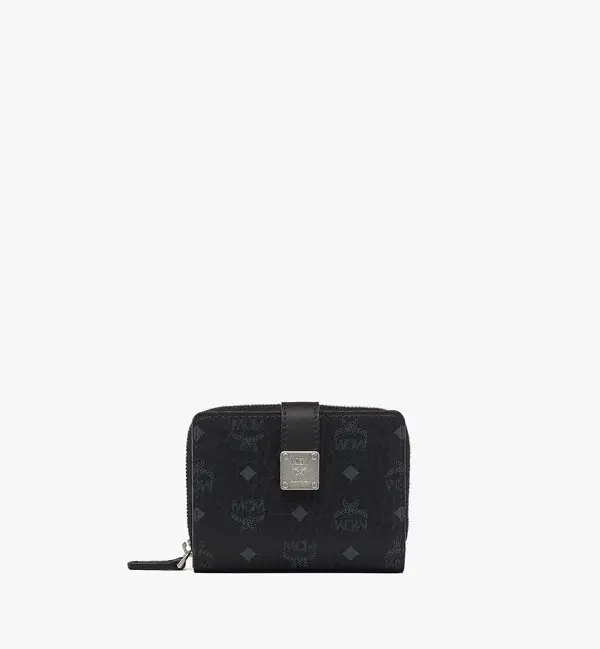 Mcm Aren Brass Plate Wallet In Visetos - Black