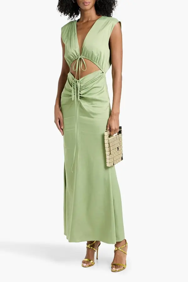 Lapointe Satin Maxi Dress With Ruched Cutout - Leaf Green
