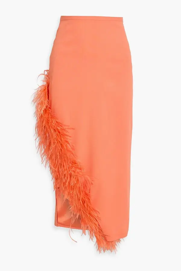 Lapointe Feather-trimmed Crepe Midi Skirt - Coral