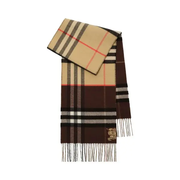 Burberry Double-faced Contrast Check Ekd Scarf 'sand/treacle - Brown