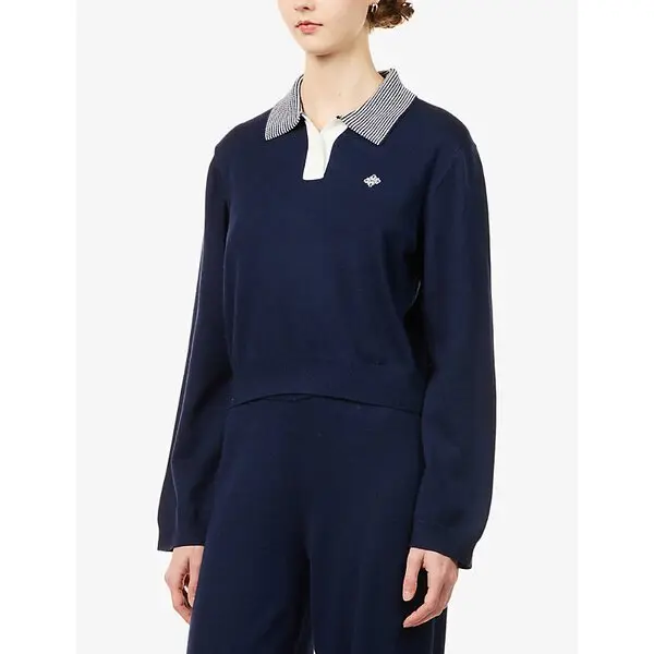 THE COUTURE CLUB Striped Collar Embroidered Logo Polo Top