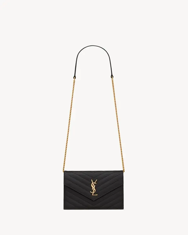 Saint Laurent Cassandre Envelope Chain Wallet In Grain De Poudre Leather In Black - Noir