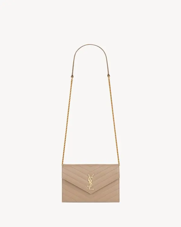 Saint Laurent Cassandre Envelope Chain Wallet In Grain De Poudre Leather In Beige - Dark Beige