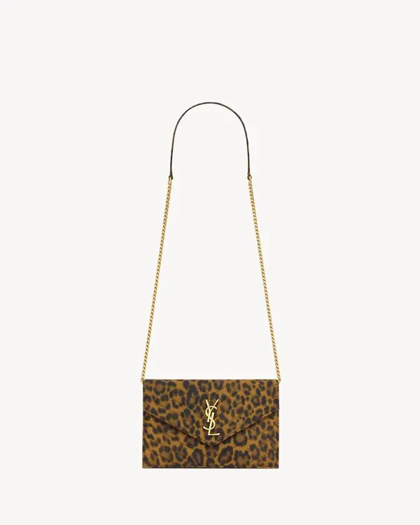 Saint Laurent Cassandre Envelope Chain Wallet In Canvas In Brown - Leopard