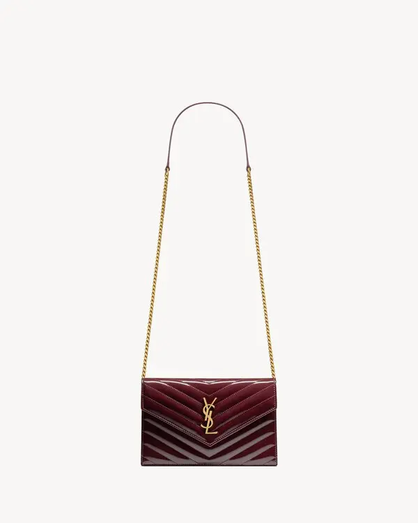 Saint Laurent Cassandre Envelope Chain Wallet In Patent Leather In Bordeaux - Dark Red Wine