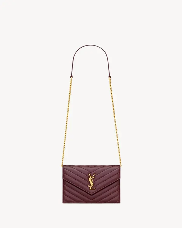 Saint Laurent Cassandre Envelope Chain Wallet In Lambskin In Red - Rouge Cabernet