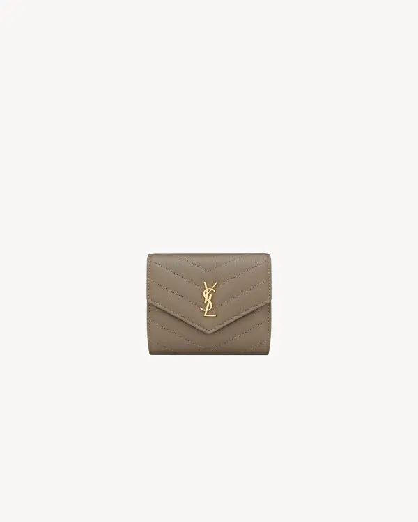 Saint Laurent Cassandre Multi-fold Wallet In Grain De Poudre Leather In Grey & Silver - Light Taupe
