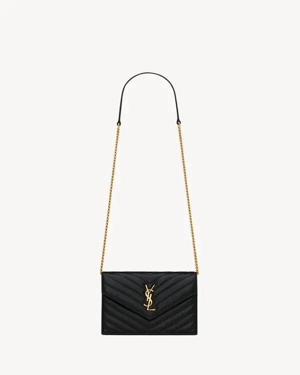 Saint Laurent Cassandre Envelope Chain Wallet In Lambskin - Black