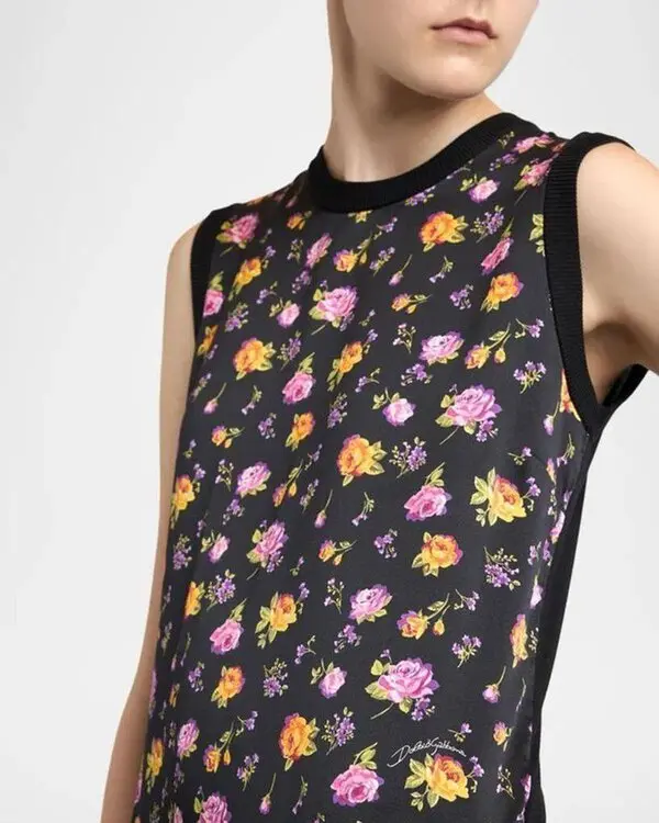 Dolce & Gabbana Rose Bouquets-print Silk Tank Top - Black