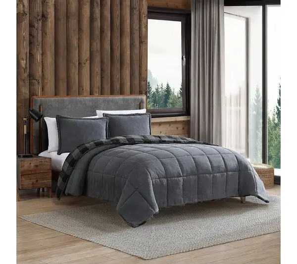 Eddie Bauer Cabin Plaid Grey Queen Comforter Se T - One-color