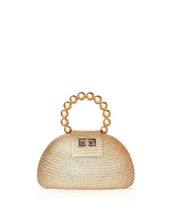 SOLI & SUN Woven Straw Clutch With Wooden Bead Handle - Gold