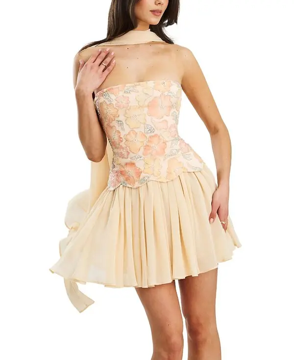 women's quanisha yellow beaded floral mini chiffon dress with scarf Isa Scarf Satin Mini Dress main image 1