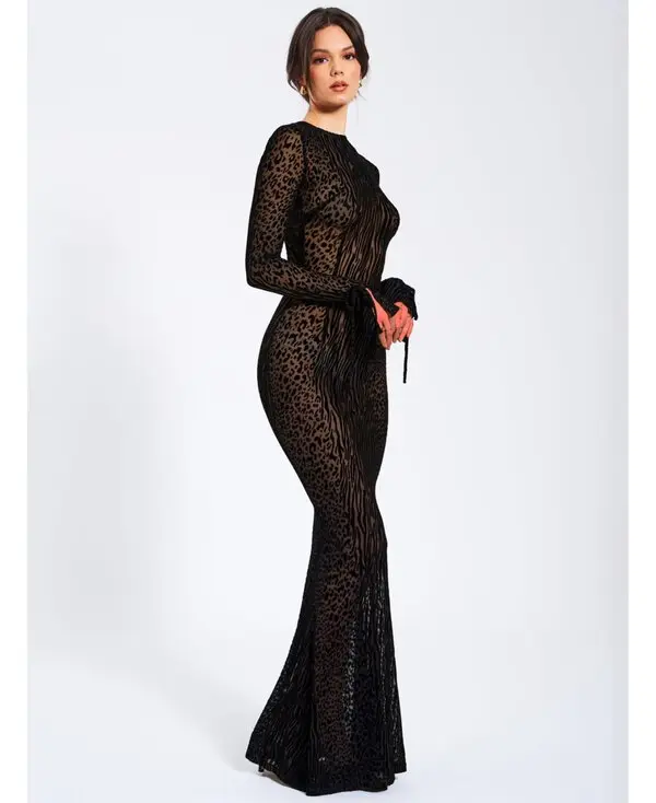 Miss Circle New York Waylynn Print Burnout Velvet Detail Mesh Maxi Dress - Black