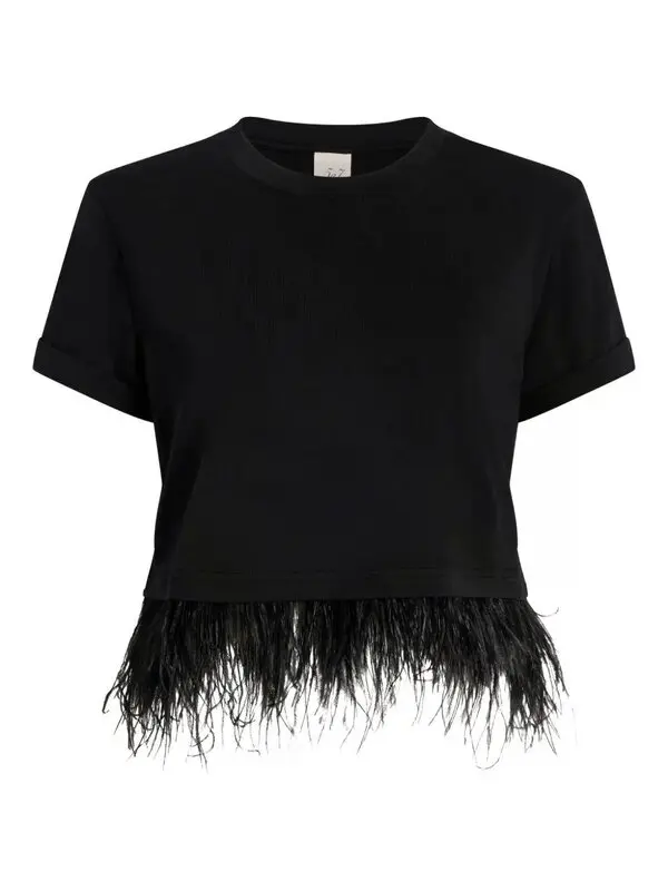 Cinq À Sept Short-sleeve Feather-trimmed Cropped T-shirt - Blue